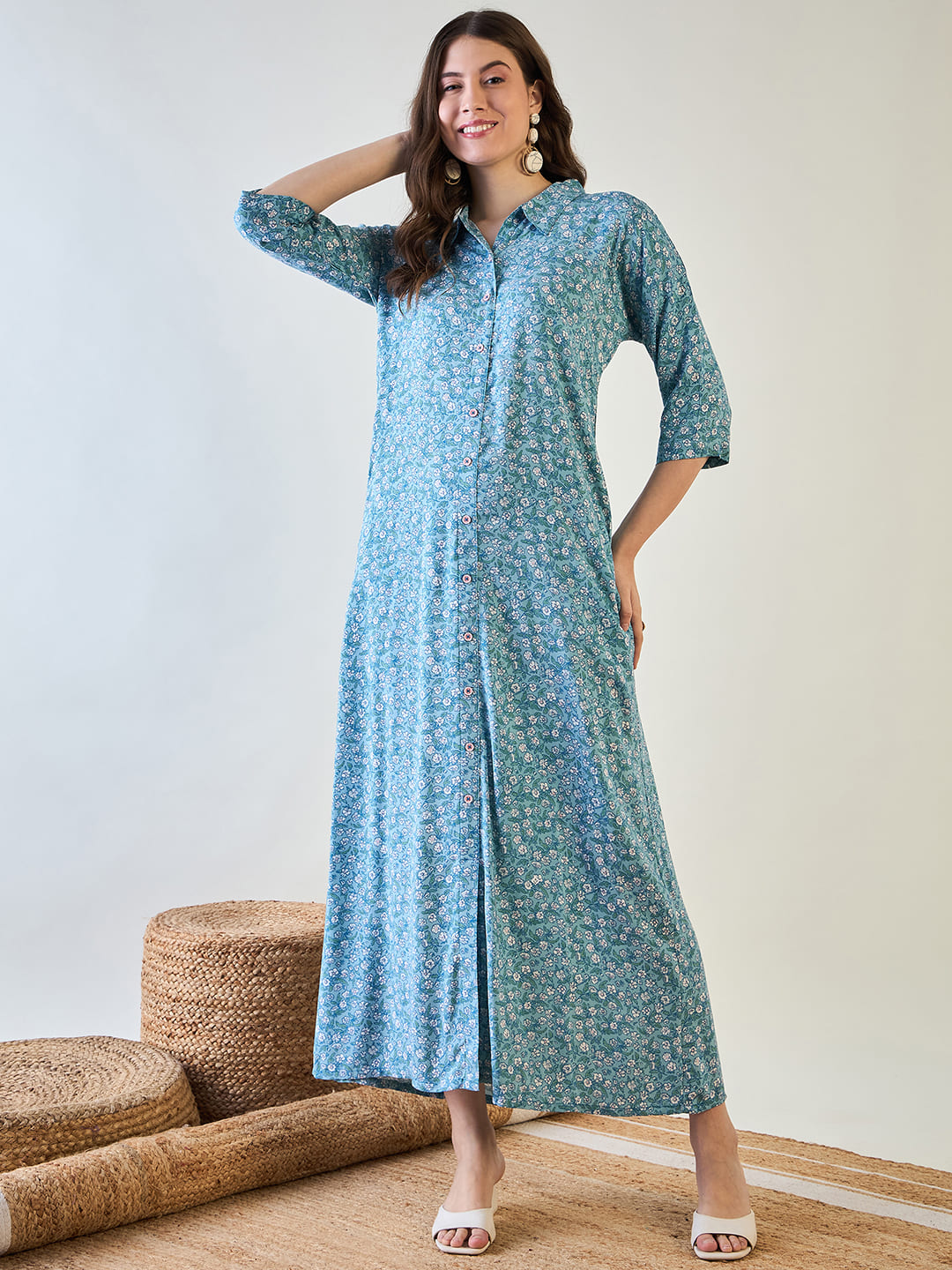 Women's Sky Blue Cute Floral Button Down Night Dress - The Kaftan Comp – Blackbeads