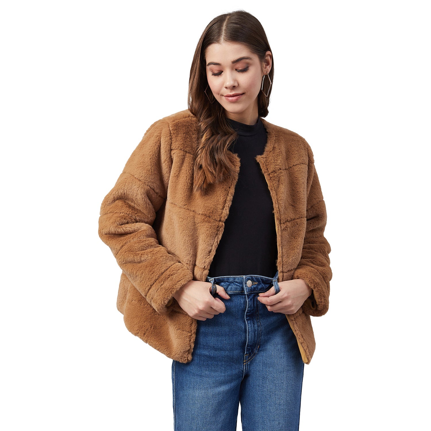 Women's Brown Faux Fur Open Jacket - StyleStone – Blackbeads