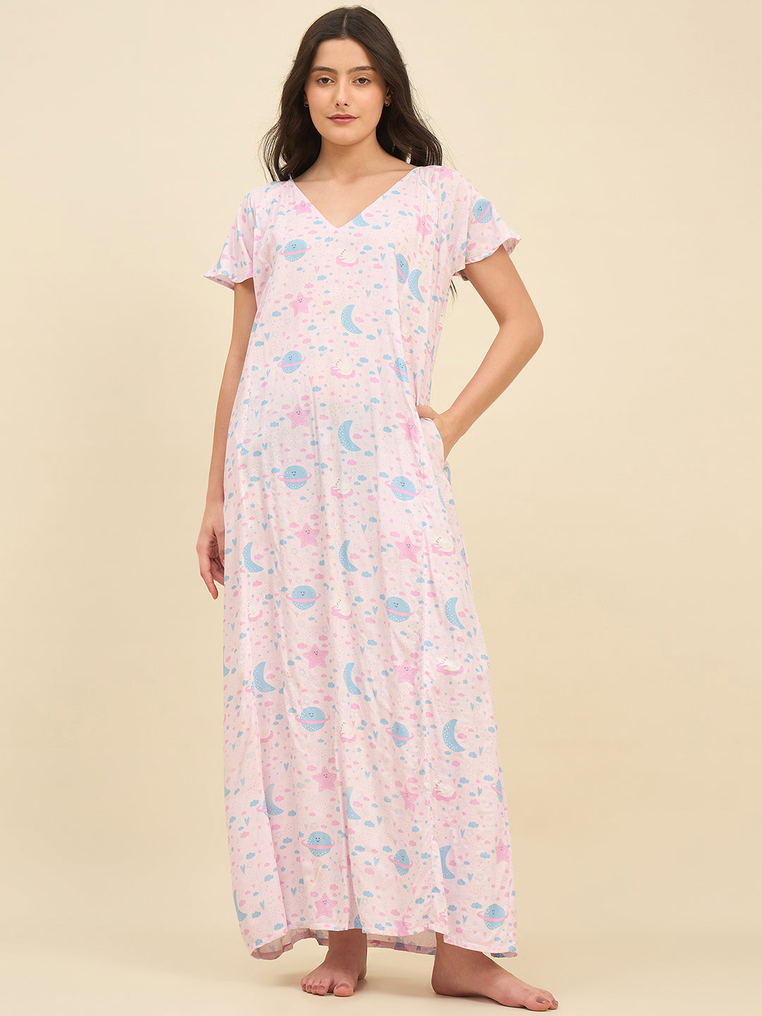 Women's Pastel Pink Viscose Rayon Nightdress With Cute Space Print ...