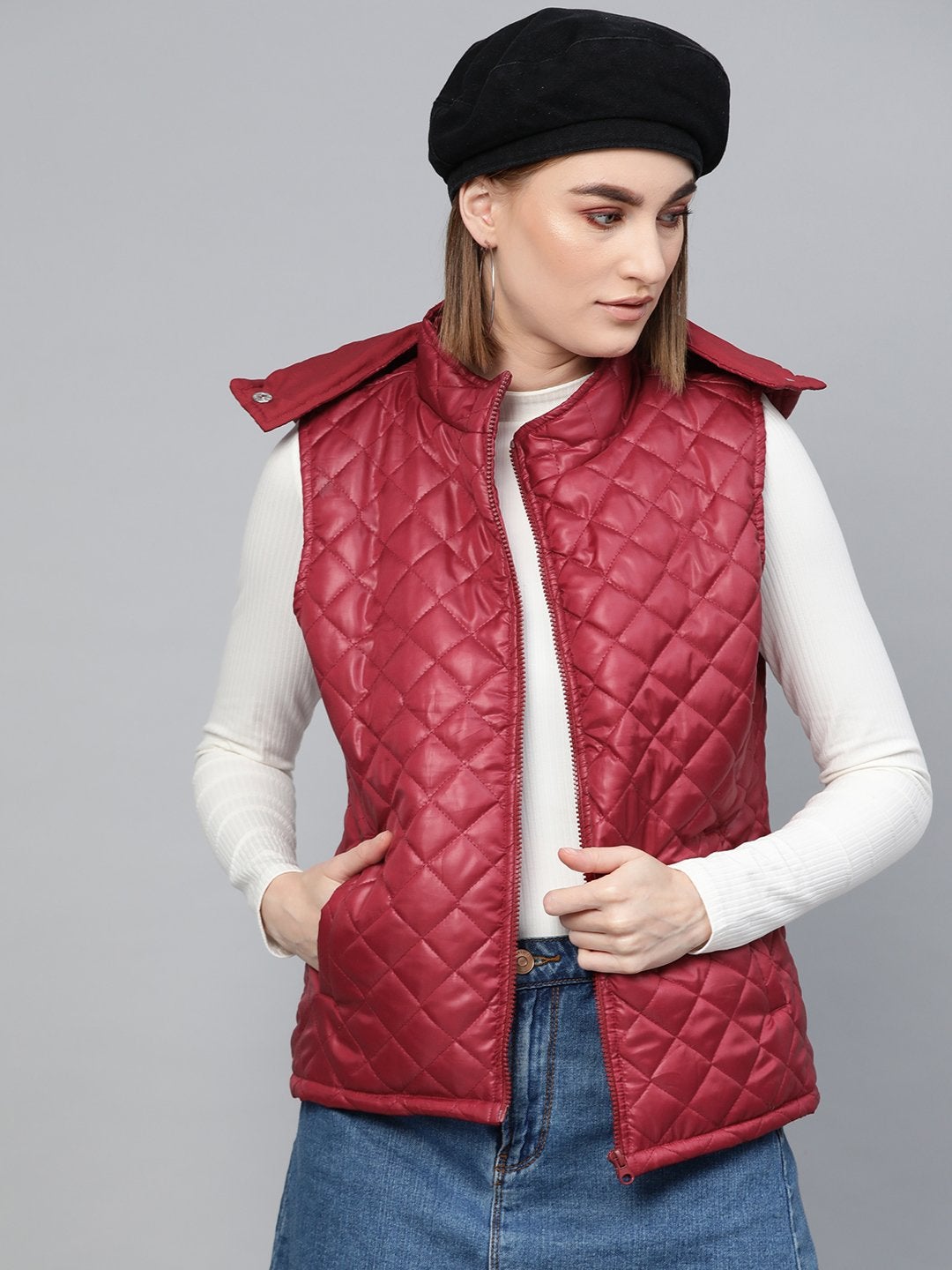 Buy Women'S Maroon Quilted Sleeveless Hood Jacket - Sassafras-Fashion ...