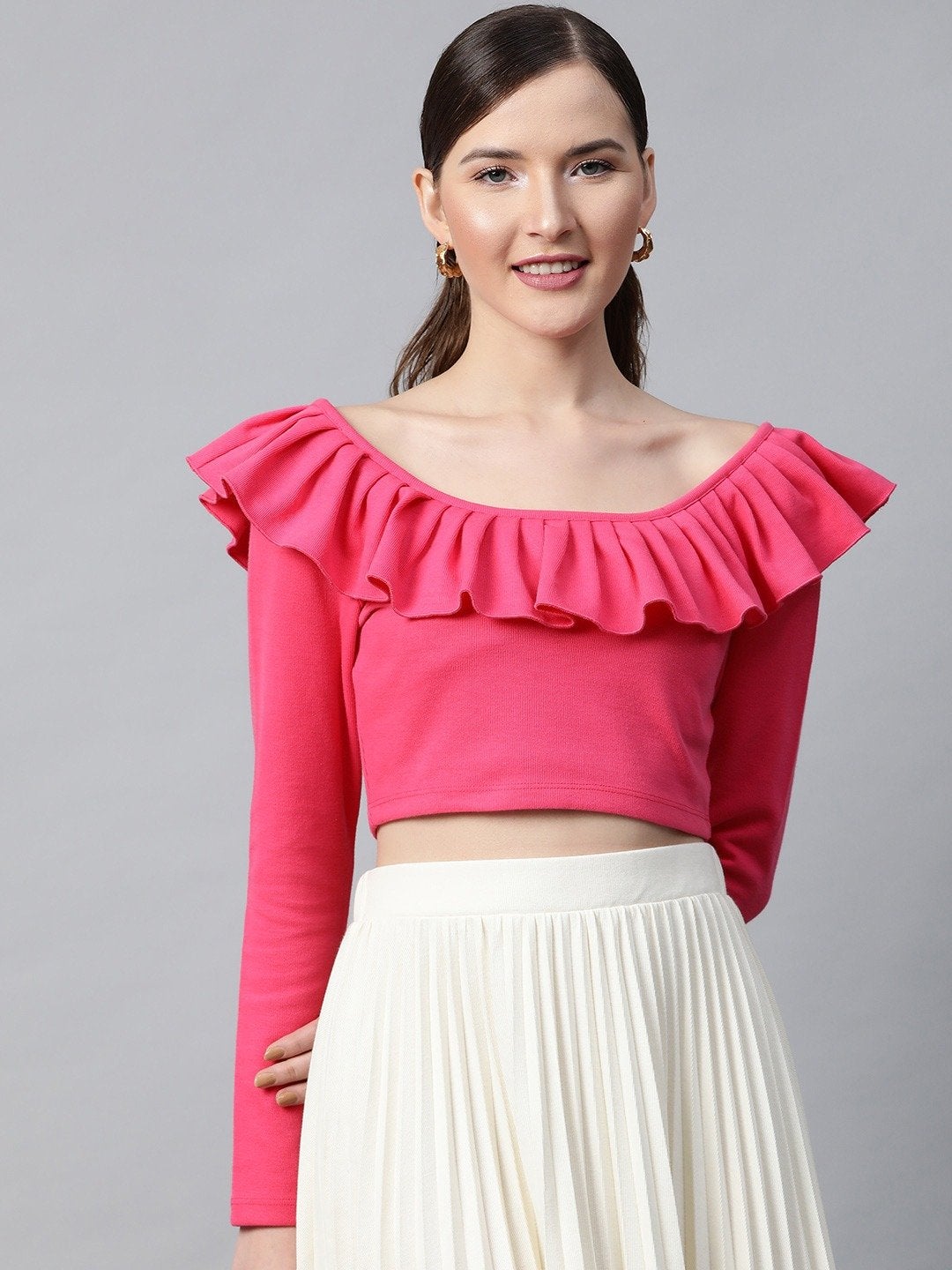 Buy Women'S Fuchsia Frilly Neck Rib Crop Top - Sassafras-Fashion Online ...